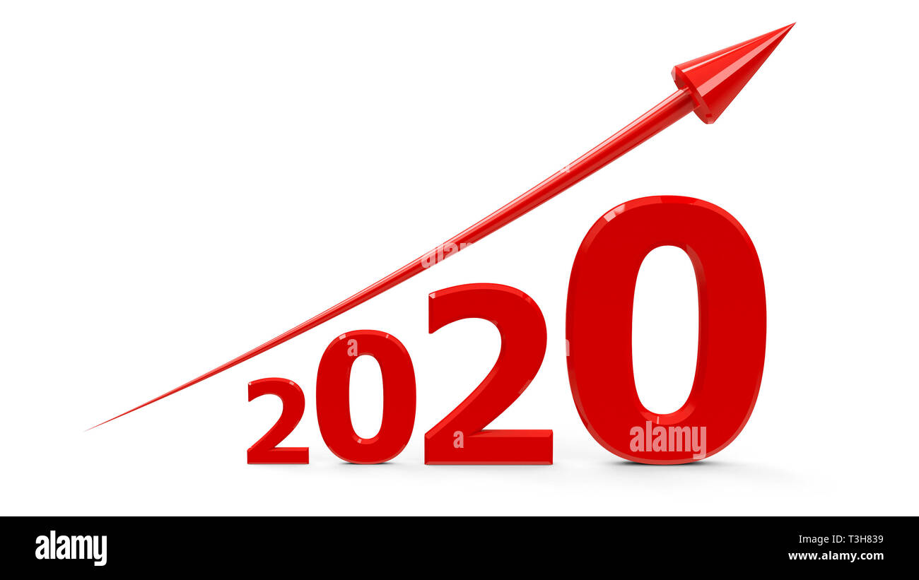 Red arrow up represents the growth in 2020 year, three-dimensional ...