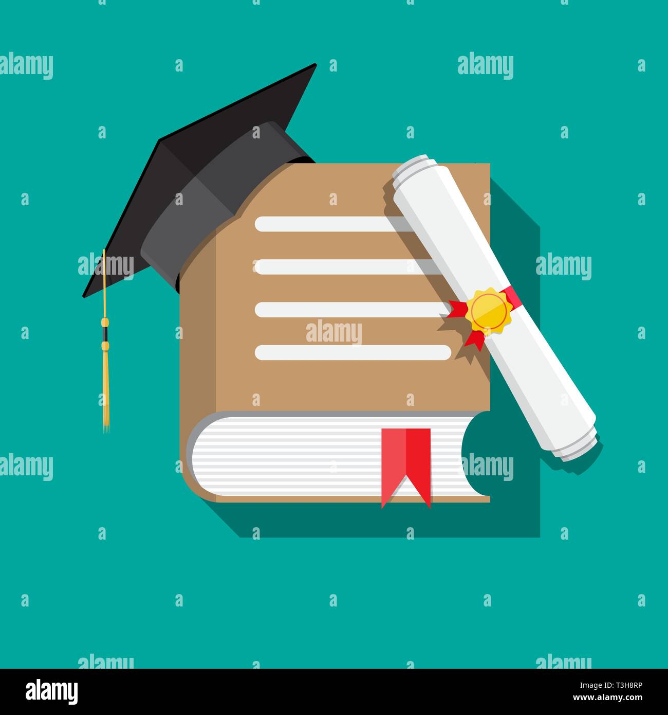 White rolled paper diploma scroll with yellow stamp, red ribbons and ...