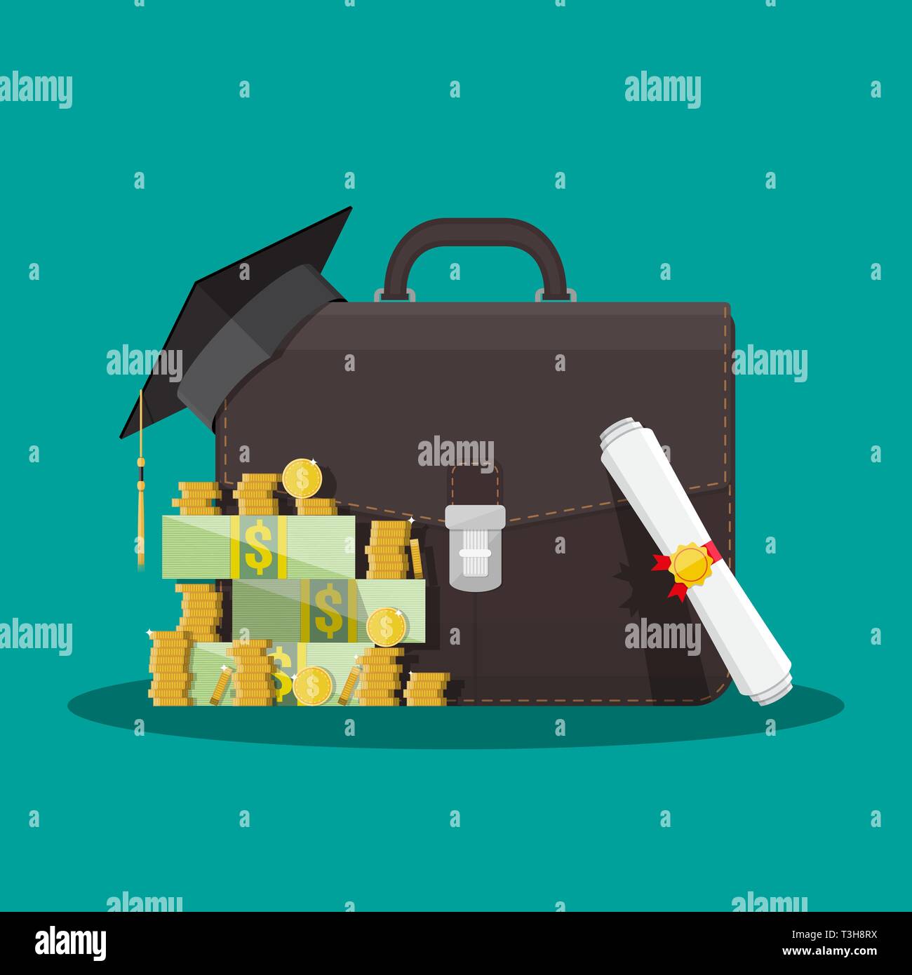 Business briefcase, graduation cap, money stacks and rolled diploma ...