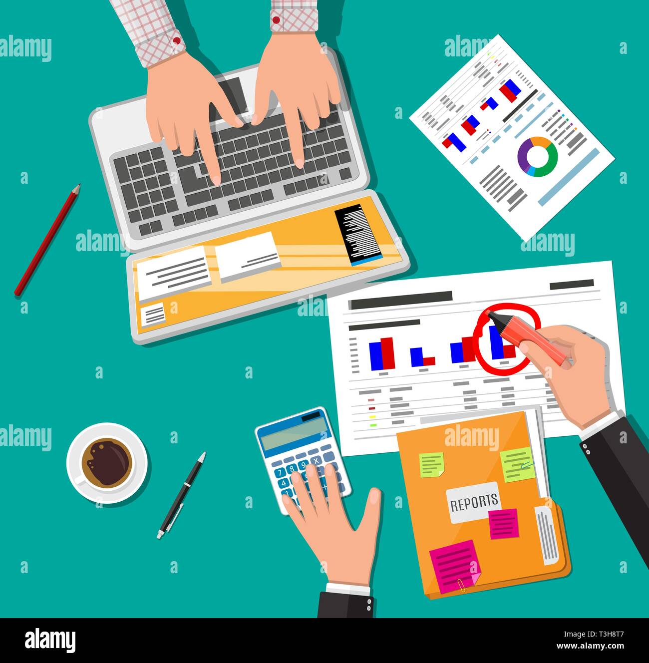 Hands with laptop and calculator, analysis of financial report ...