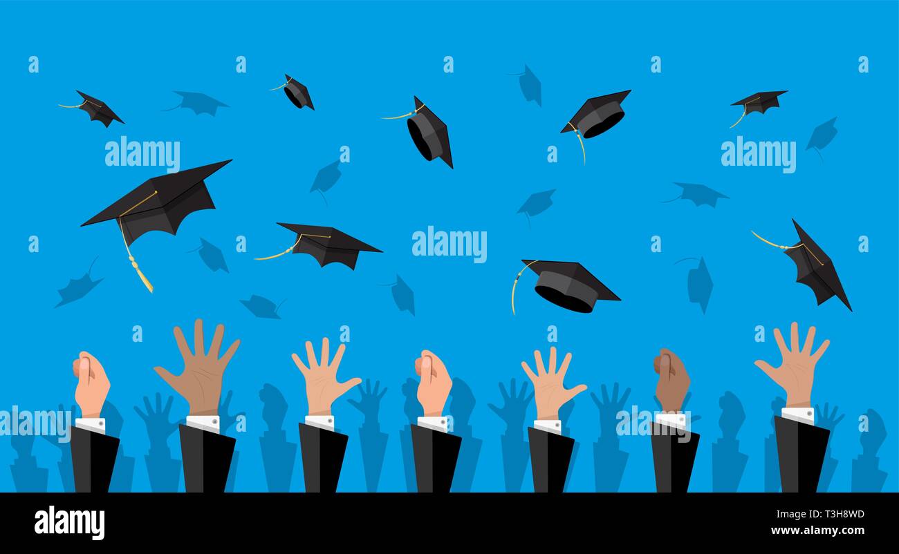 Hands of graduates throwing graduation hats in the air. Concept of ...