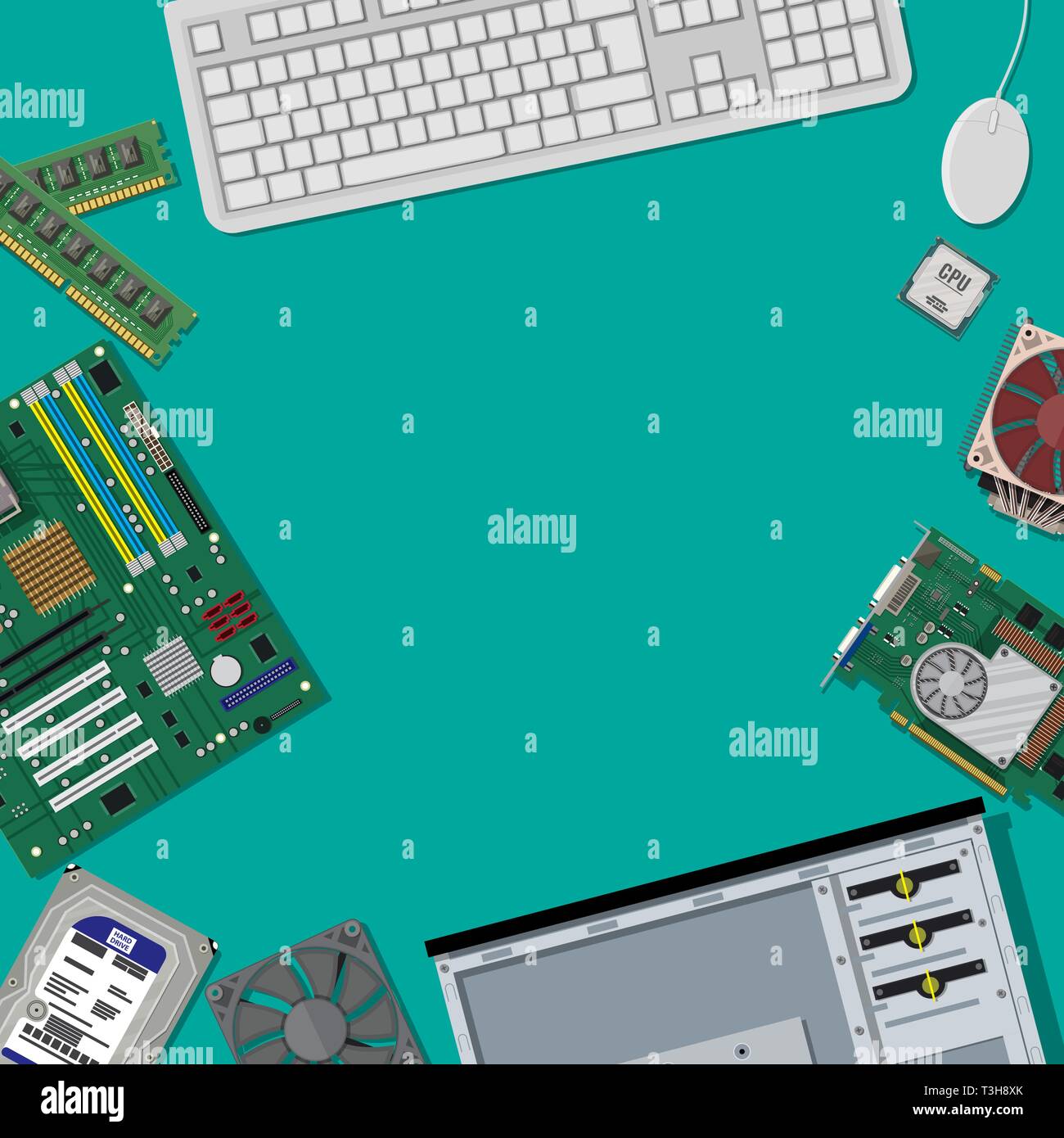 Motherboard, hard drive, cpu, fan, graphic card, memory and case. Mouse ...