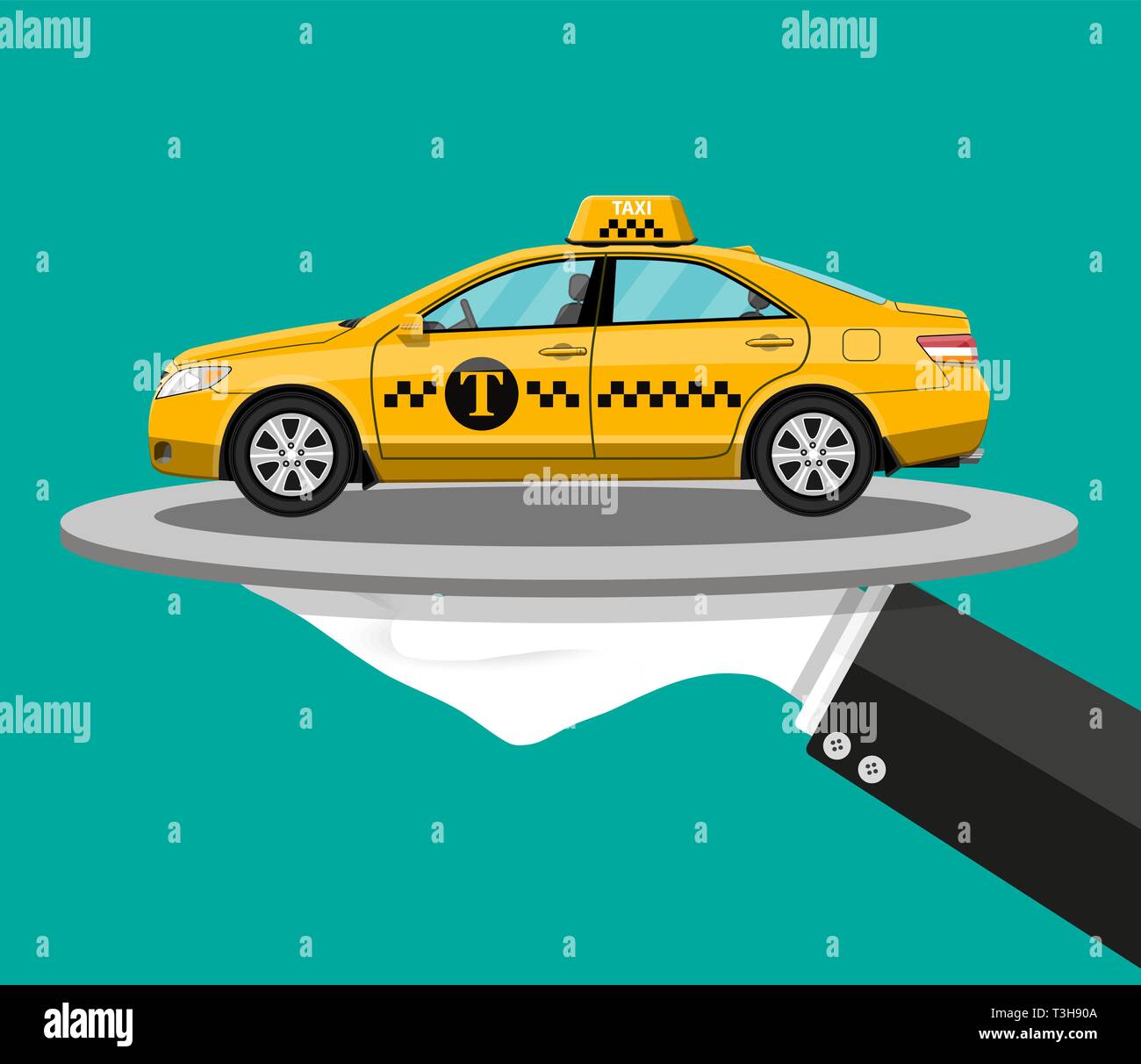 Driver hand with silver cloche serving yellow taxi cab car on plate ...