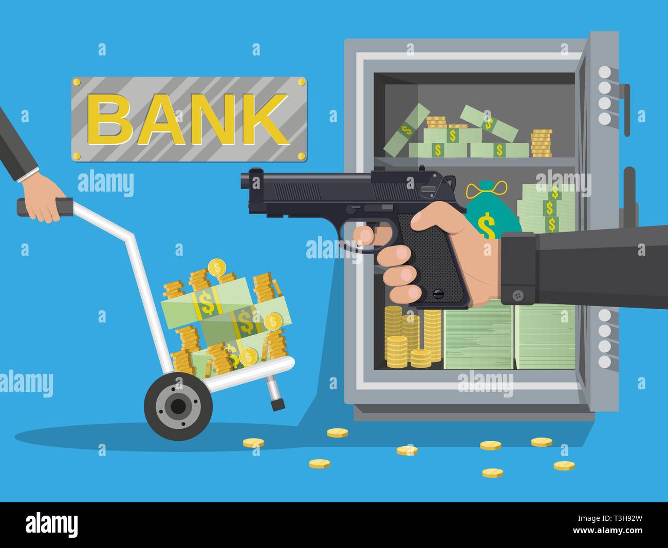 Hand of thief holding pistol and hand truck full of money and coins ...