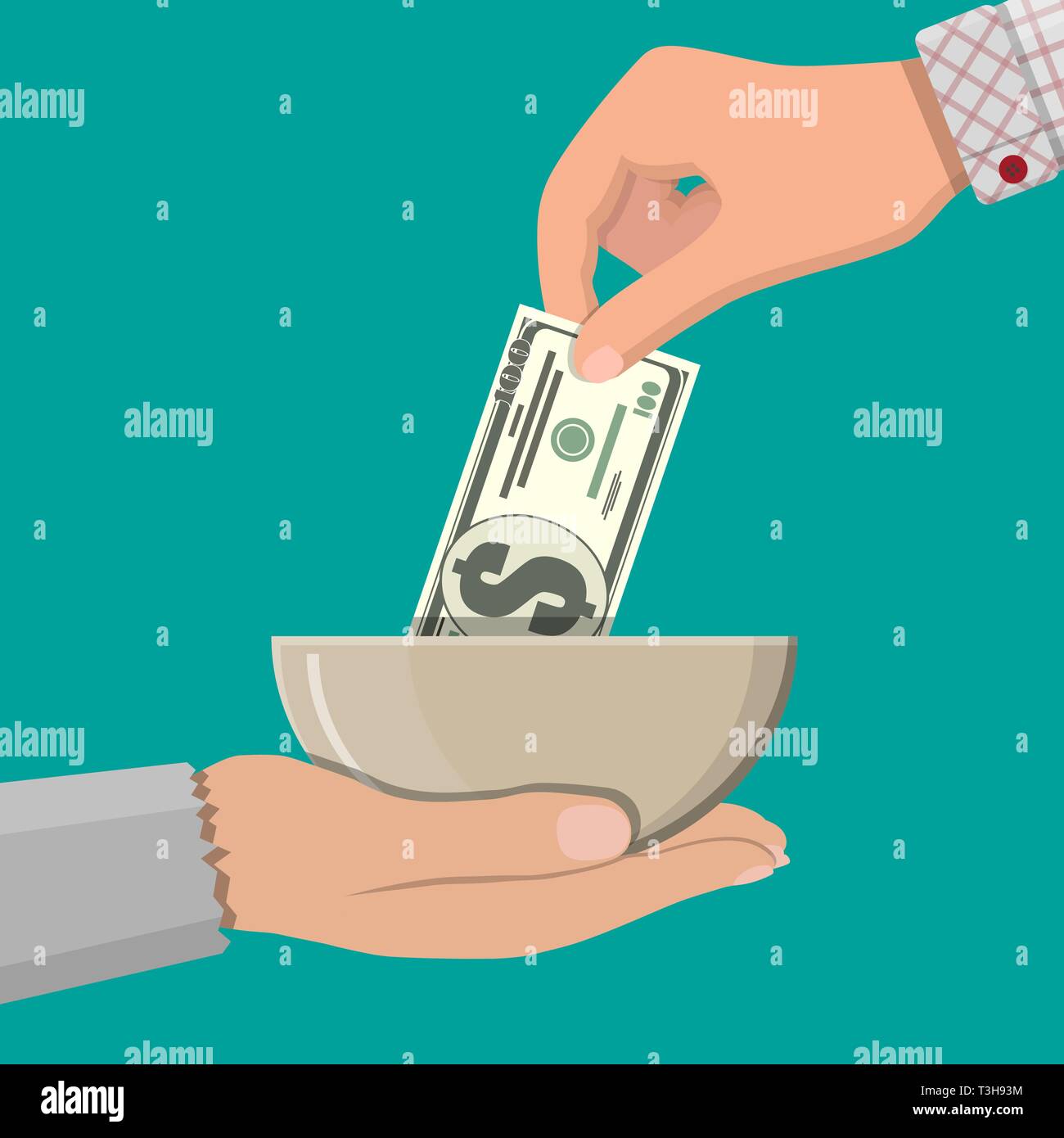 Hand giving dollar banknote to beggar hand. Charity concept. Vector ...