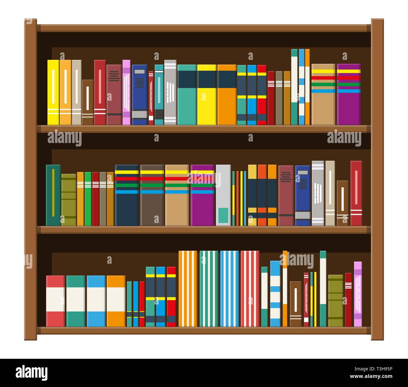 Library wooden book shelf. Bookcase with different books. Vector ...