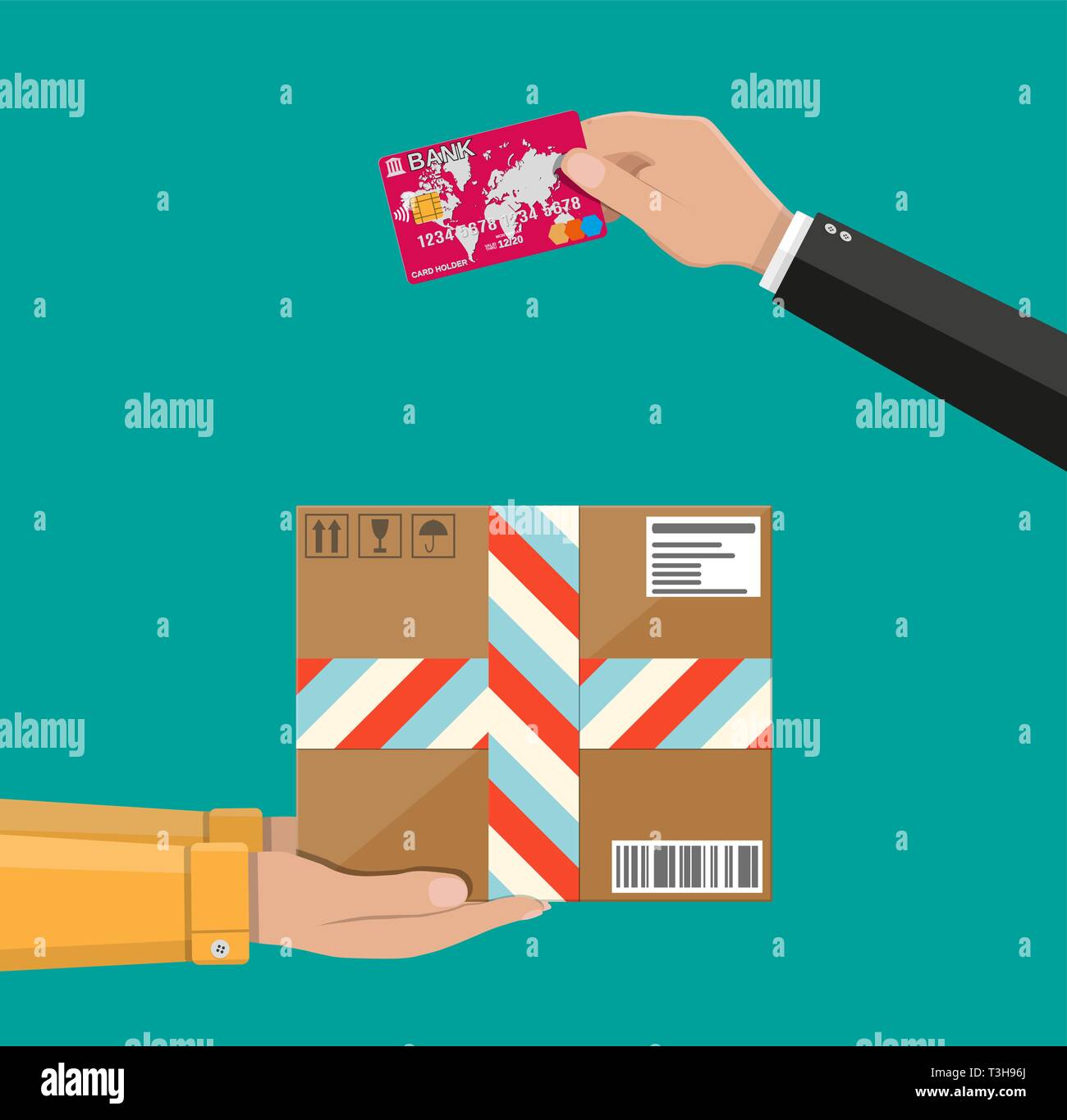 Hands with postal cardboard box and bank card. Delivery concept. Flat ...