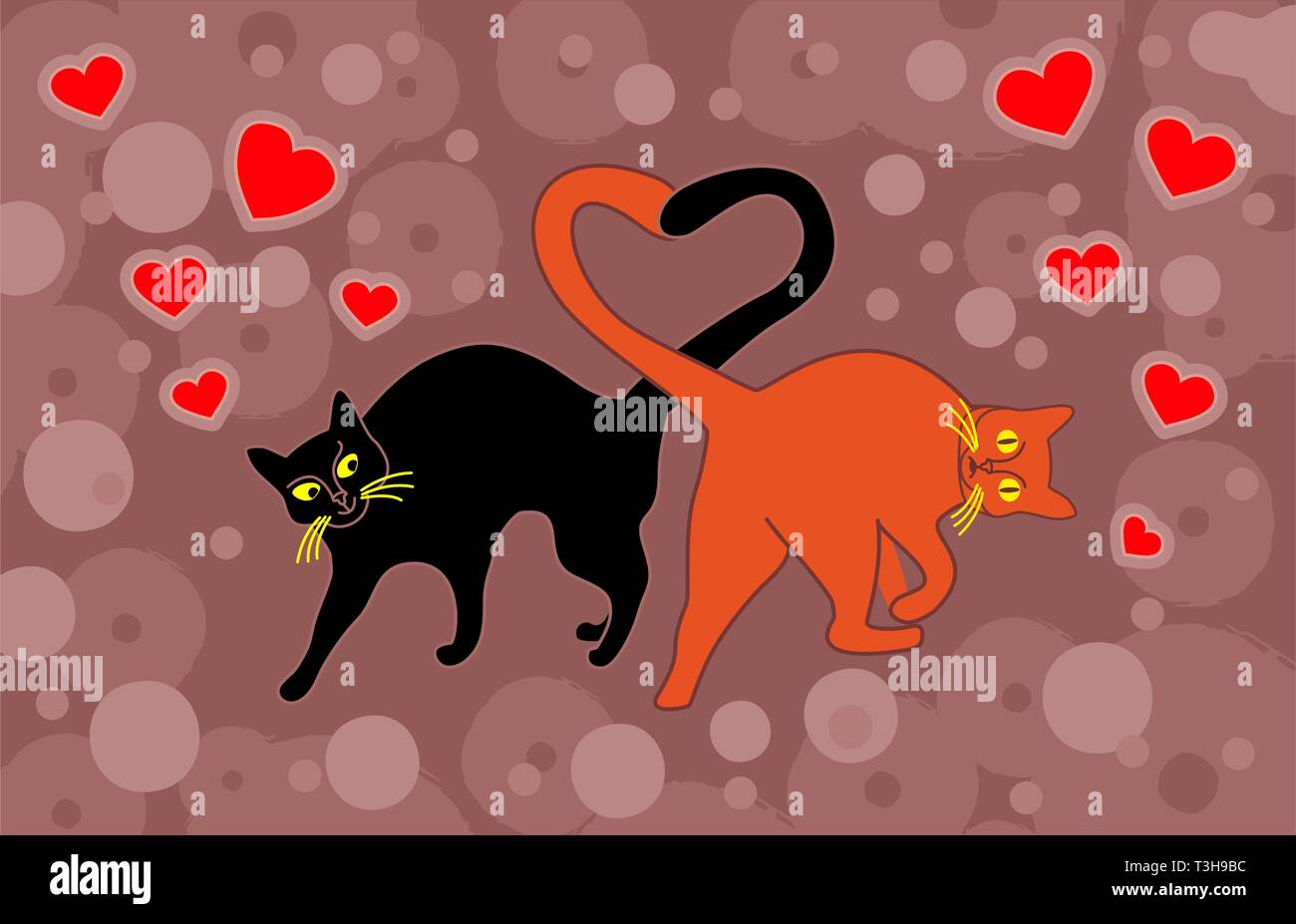 Cats in love cuddled tails heart shape on a festive background. Vector ...
