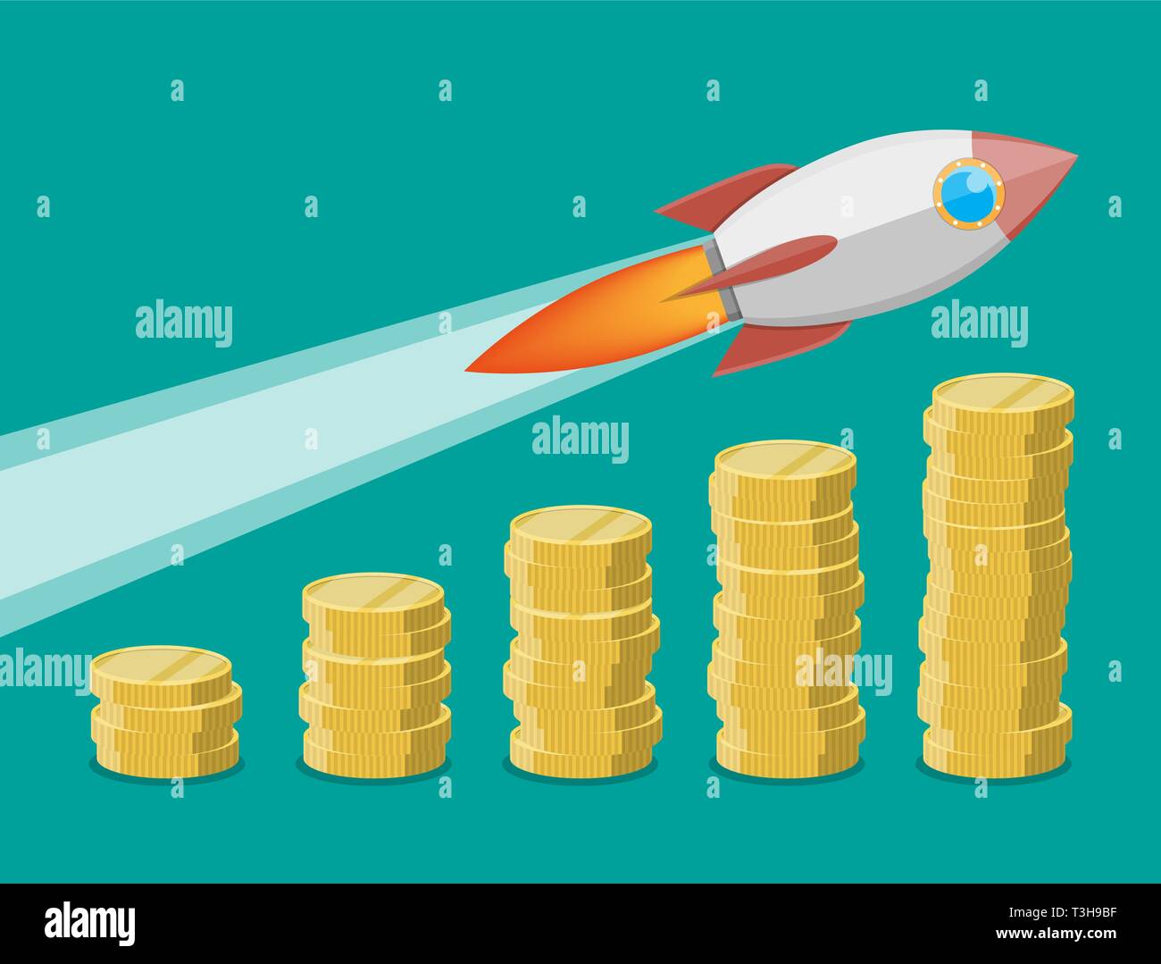 Rocket flying up on coins growth chart. Graph that shows increase in ...