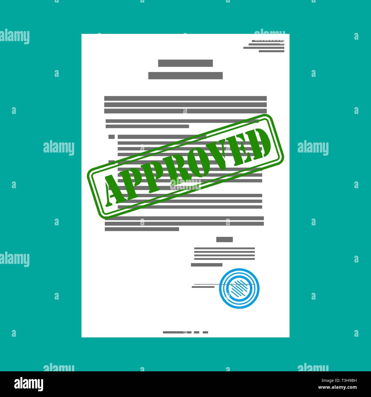 Approved paper document, green approved stamp. Vector illustration in ...