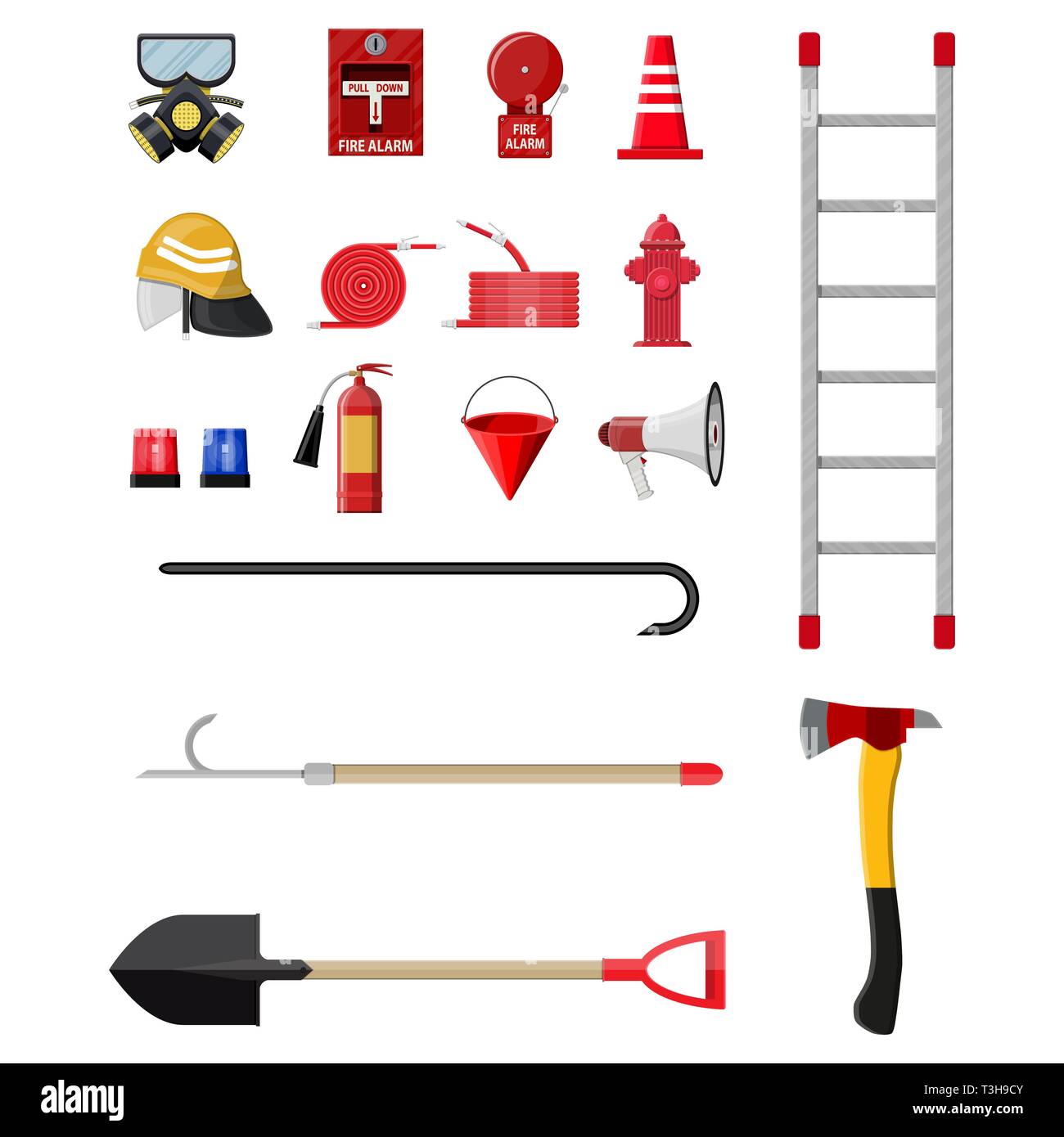 Firefighting set. Fire protection equipment. Vector illustration in ...