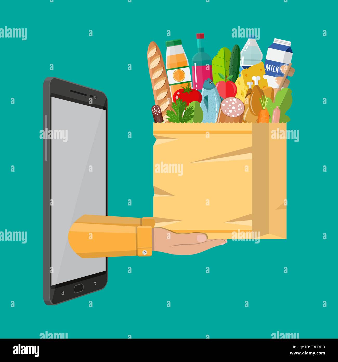 Paper shopping bag full of groceries products and smartphone. Grocery ...
