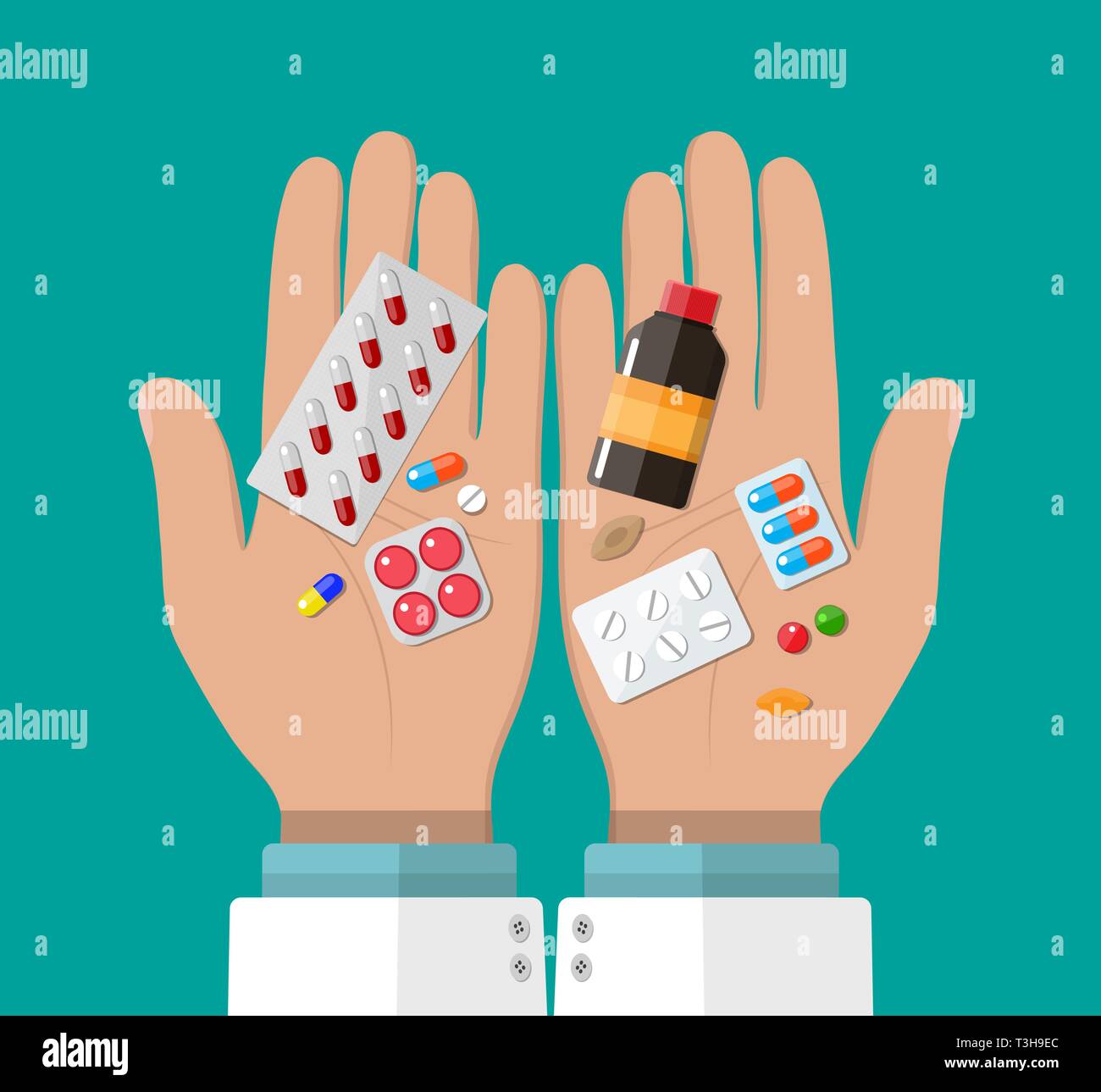 Hand of the pharmacist with pills and drugs. Pharmacy shop. Rx. Vector ...