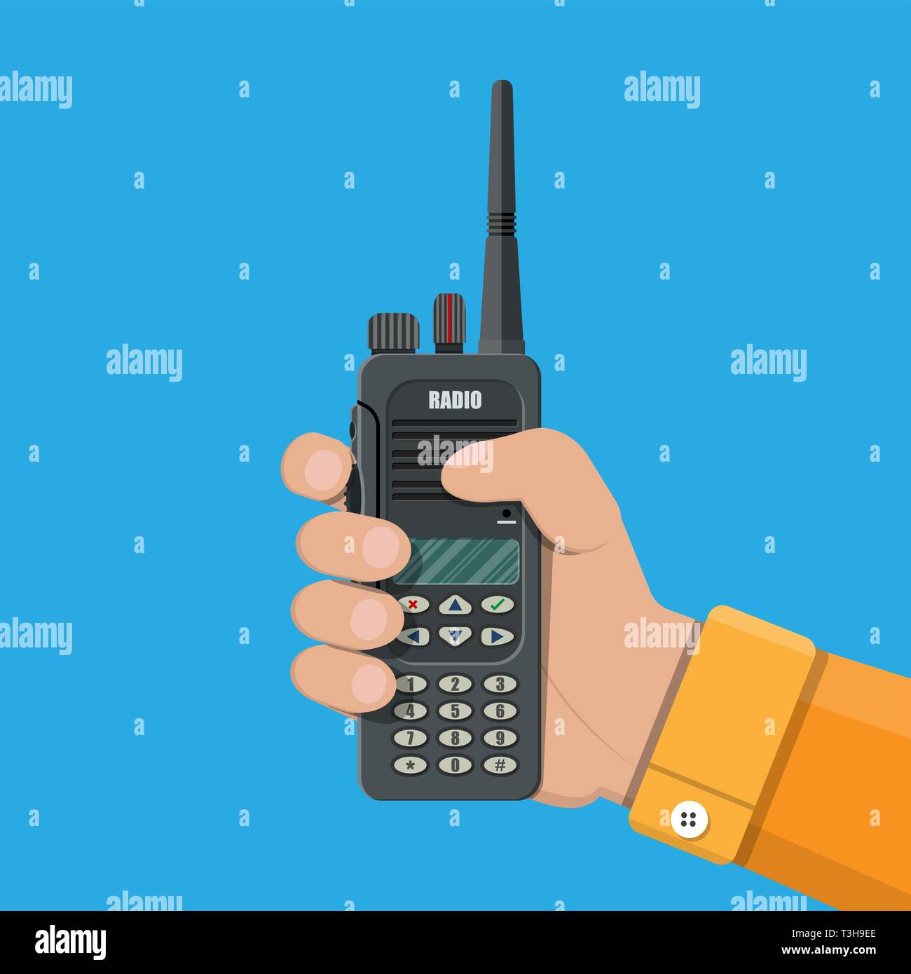 Modern portable handheld radio device in hand. Vector illustration in ...