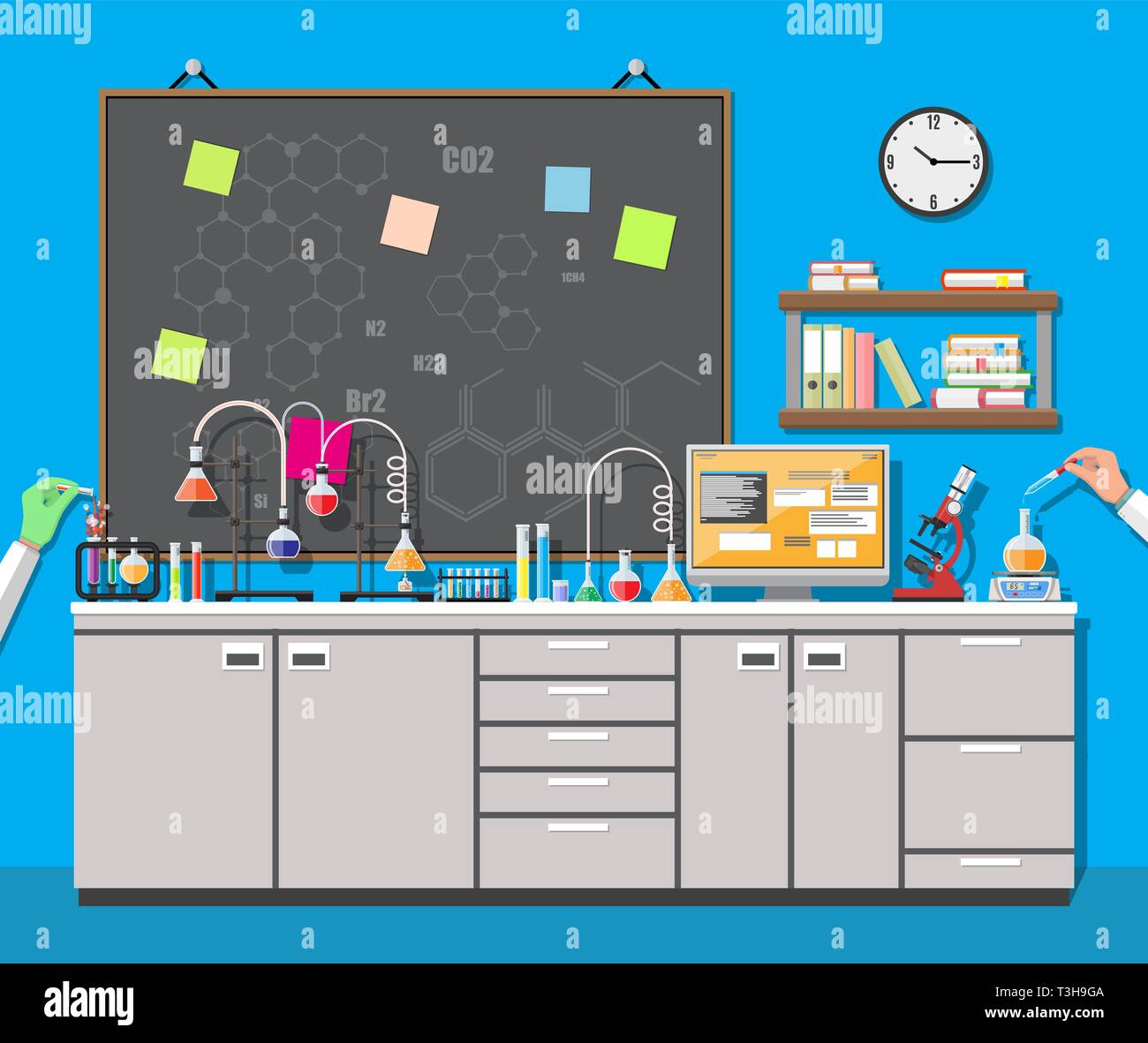 Science Experiment in laboratory. Lboratory equipment, jars, beakers ...