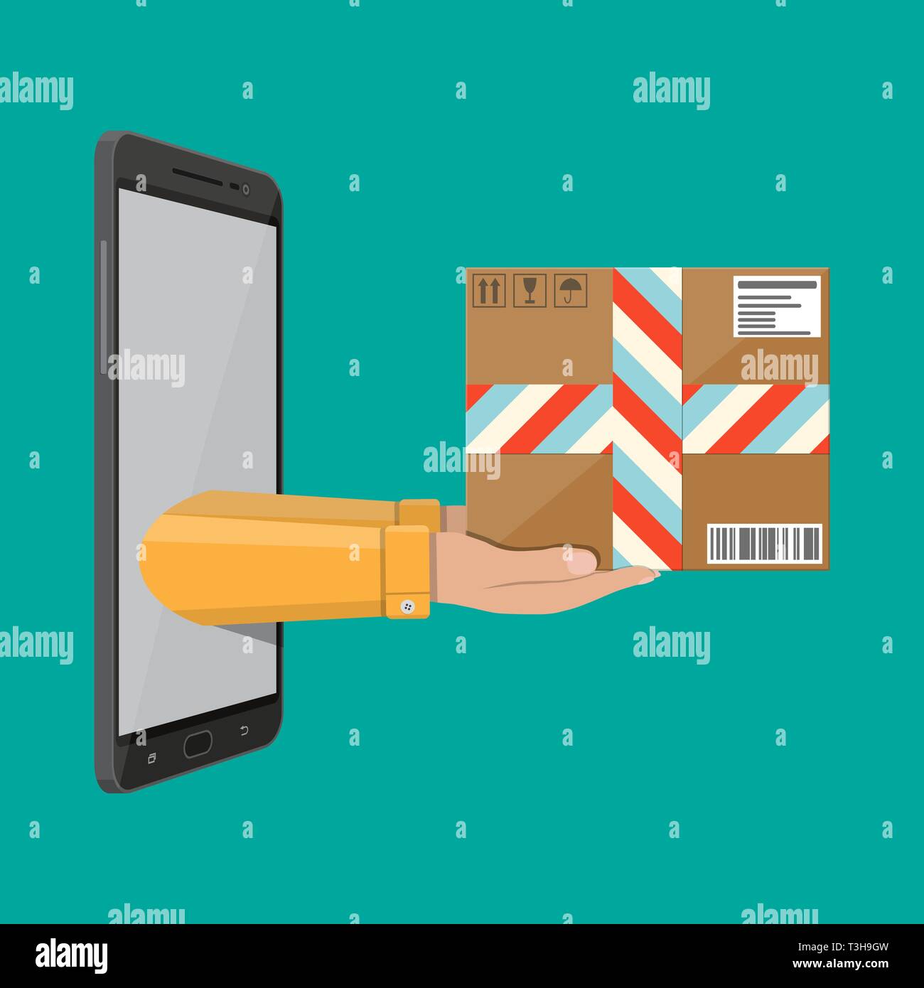 Hands with postal cardboard box and smartphone. Delivery concept. Flat ...