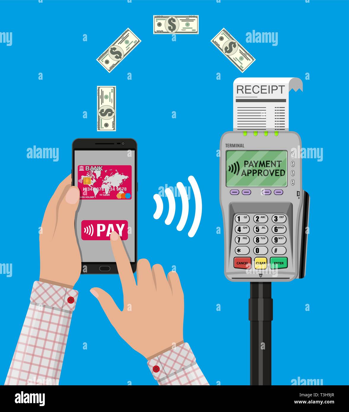 Pos terminal confirms the payment by smartphone. Nfc payments concept ...