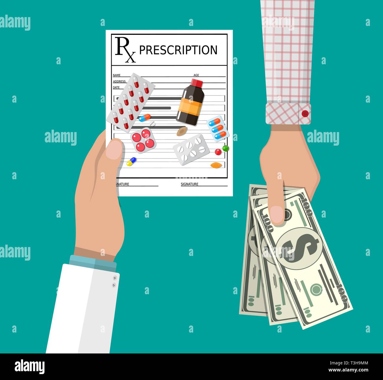 Hand of the pharmacist with Rx prescription, pills and hand of client ...