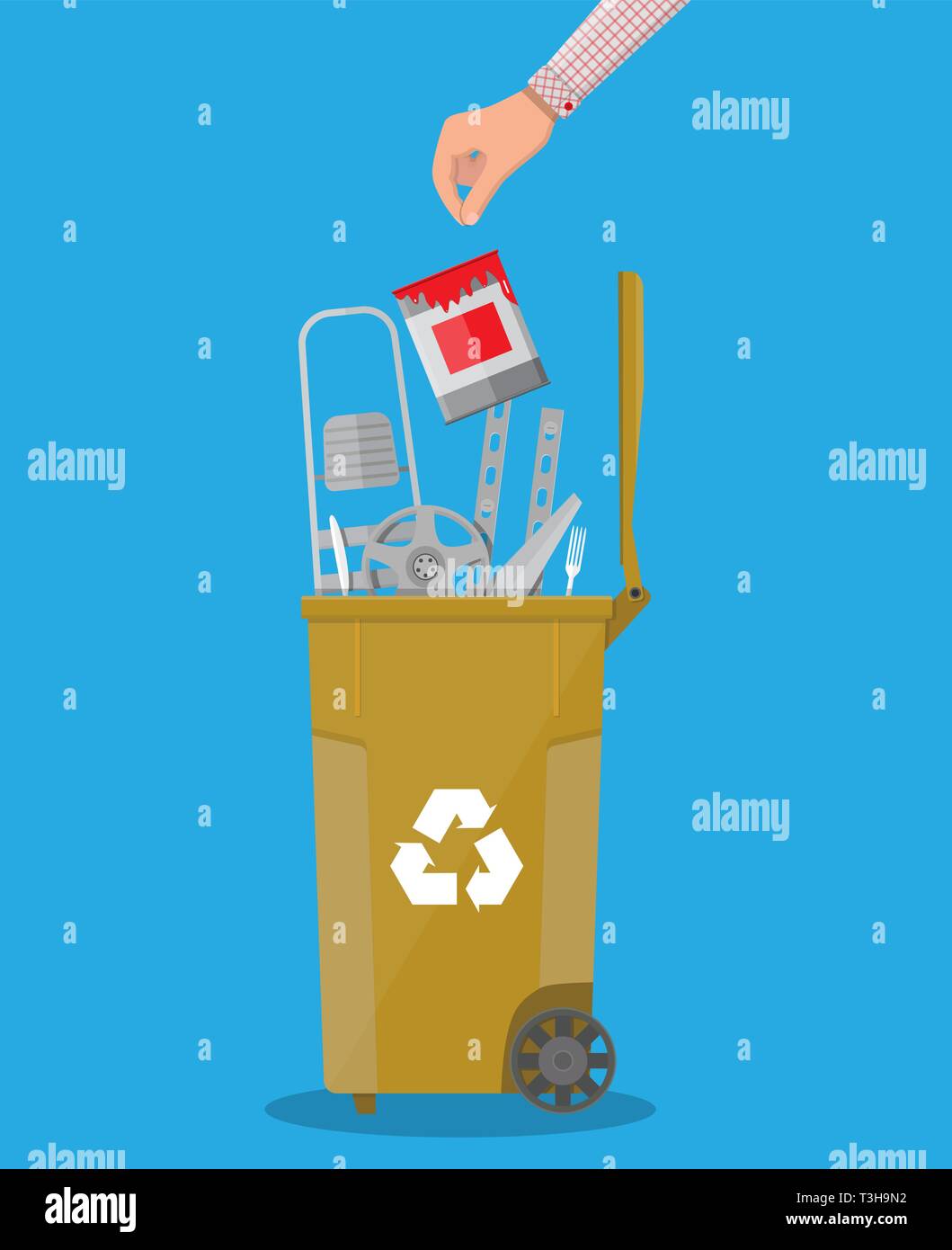 Trash recycle bin container for garbage full of metal and steel things ...