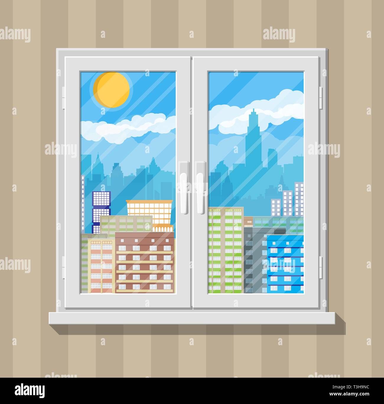 City skyline silhouette at day behind window. Skyscappers, towers ...