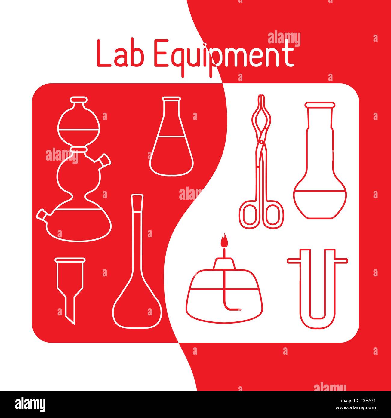 Vector science illustration with flasks, burner, funnel, tools ...