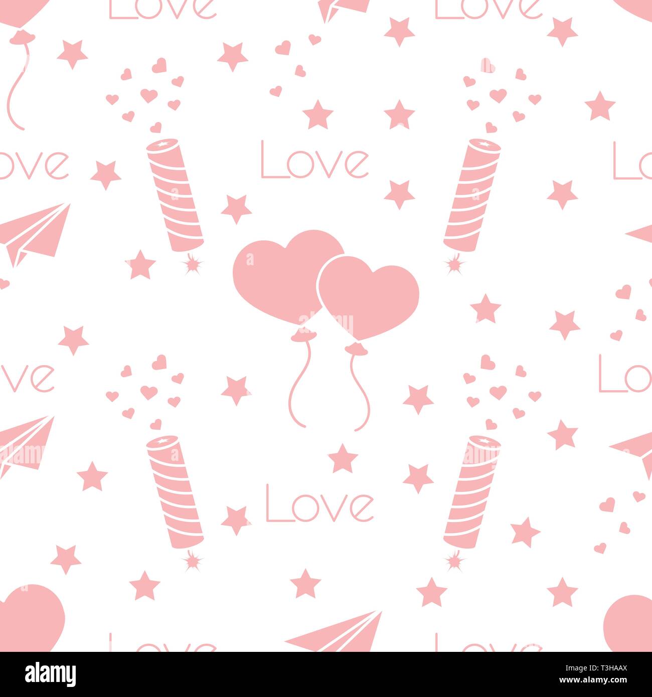 Seamless pattern with paper airplane, petard, balloons, hearts ...