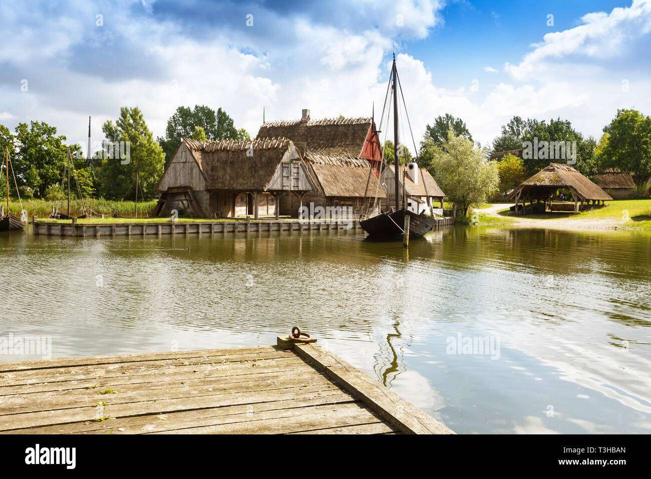 The medieval houses and boats in The Middle Ages Center, the ...