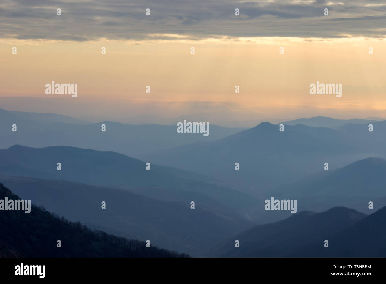 Soft, colorful view of distant mountain layers in Bulgaria from Old ...