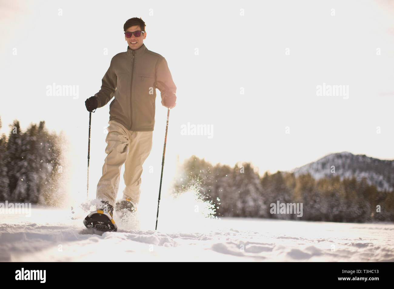 Man using poles to walk through snow Stock Photo - Alamy