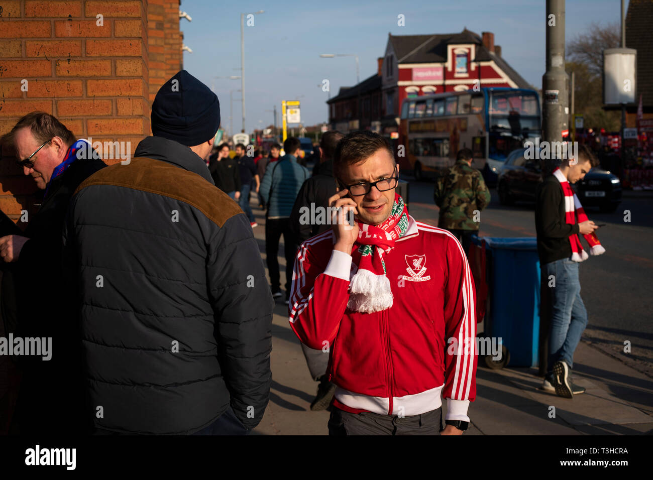 Supporters gathering at Anfield Stadium prior to Liverpool's Champions ...