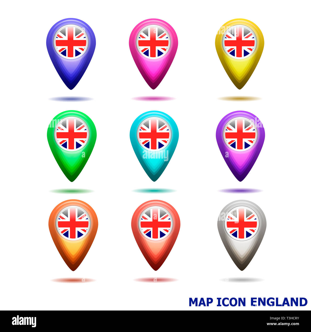 Bright map icon with flag of England. Location Icon illustration Stock ...