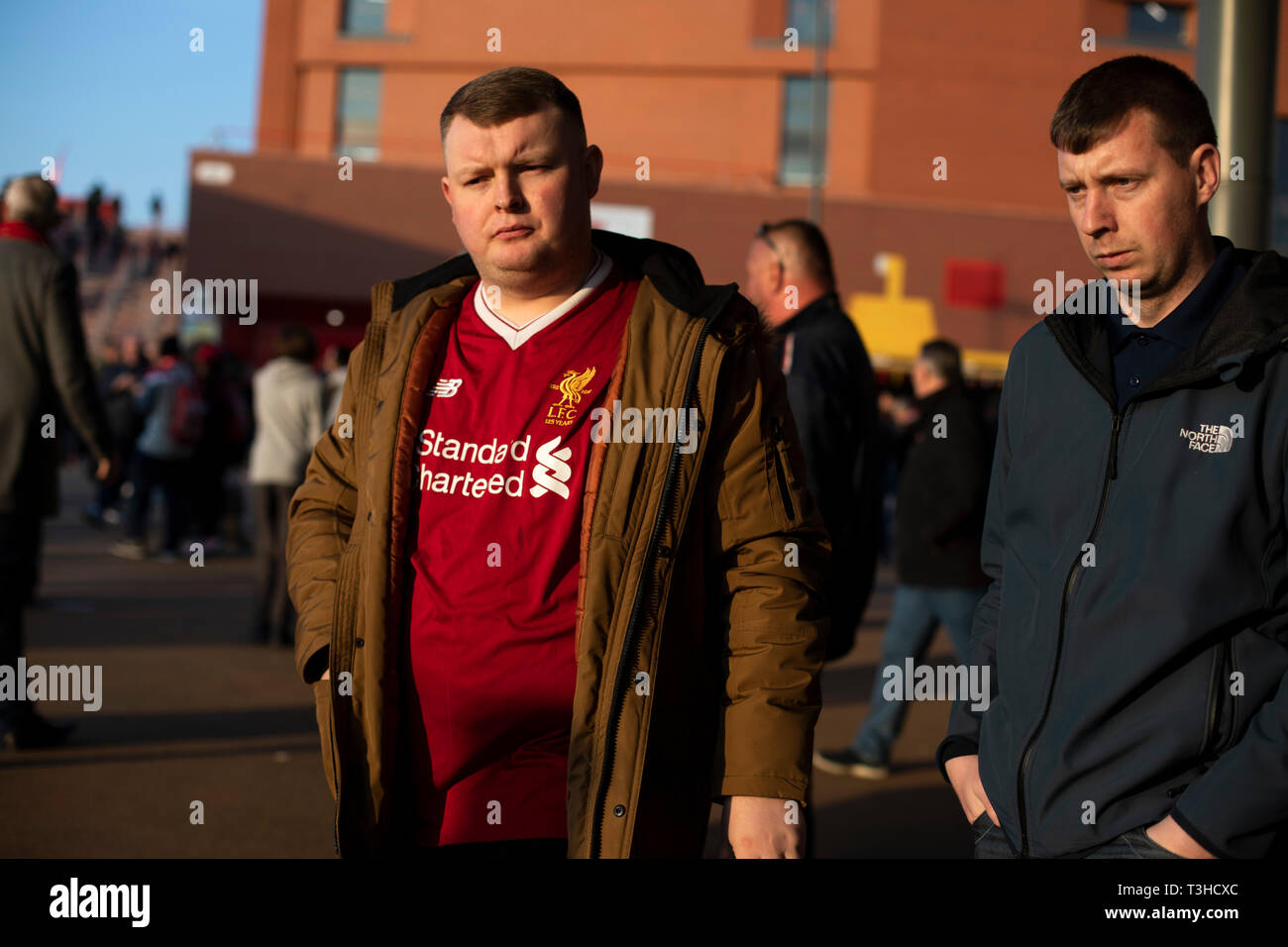 Supporters gathering at Anfield Stadium prior to Liverpool's Champions ...
