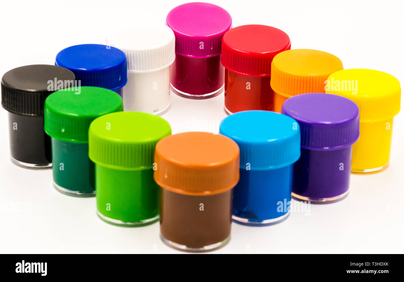Multi color paint containers Stock Photo - Alamy