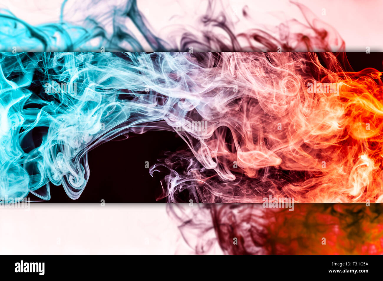 Frozen abstract movement of explosion red and blue smoke multiple ...