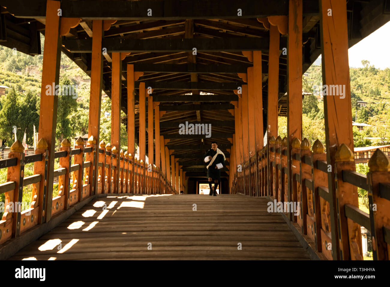 A high rank,Bhutan official,crossing,heritage,wood bridge,which,connect ...