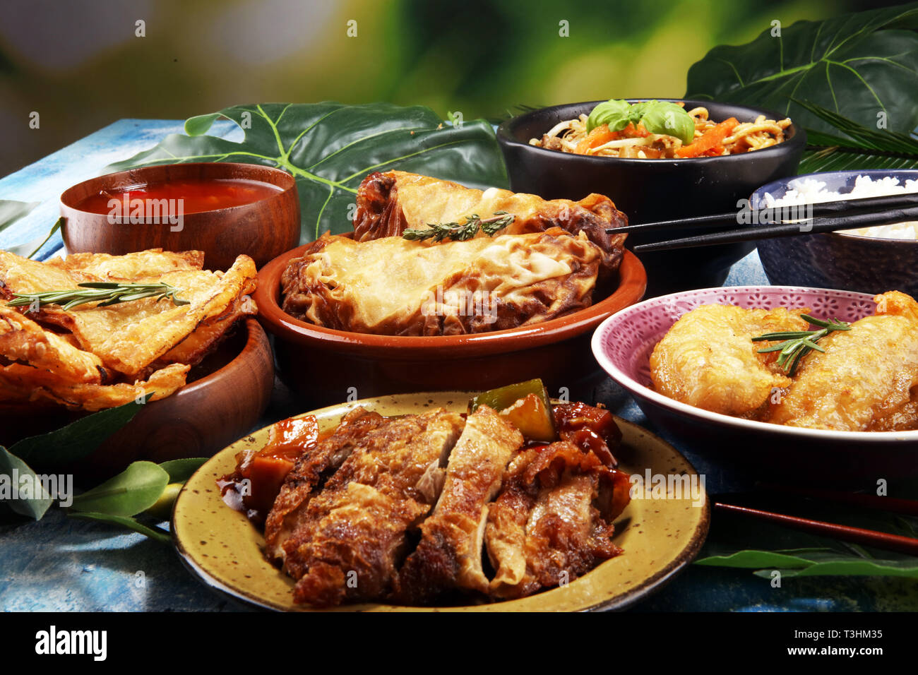 Assorted Chinese food set. Chinese noodles, fried rice, peking duck ...