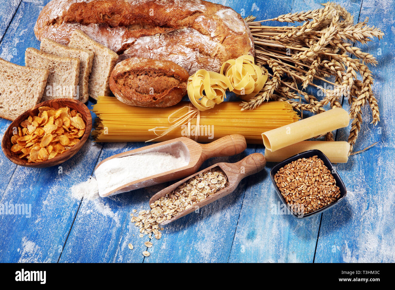 whole grain products with complex carbohydrates on rustic table Stock ...