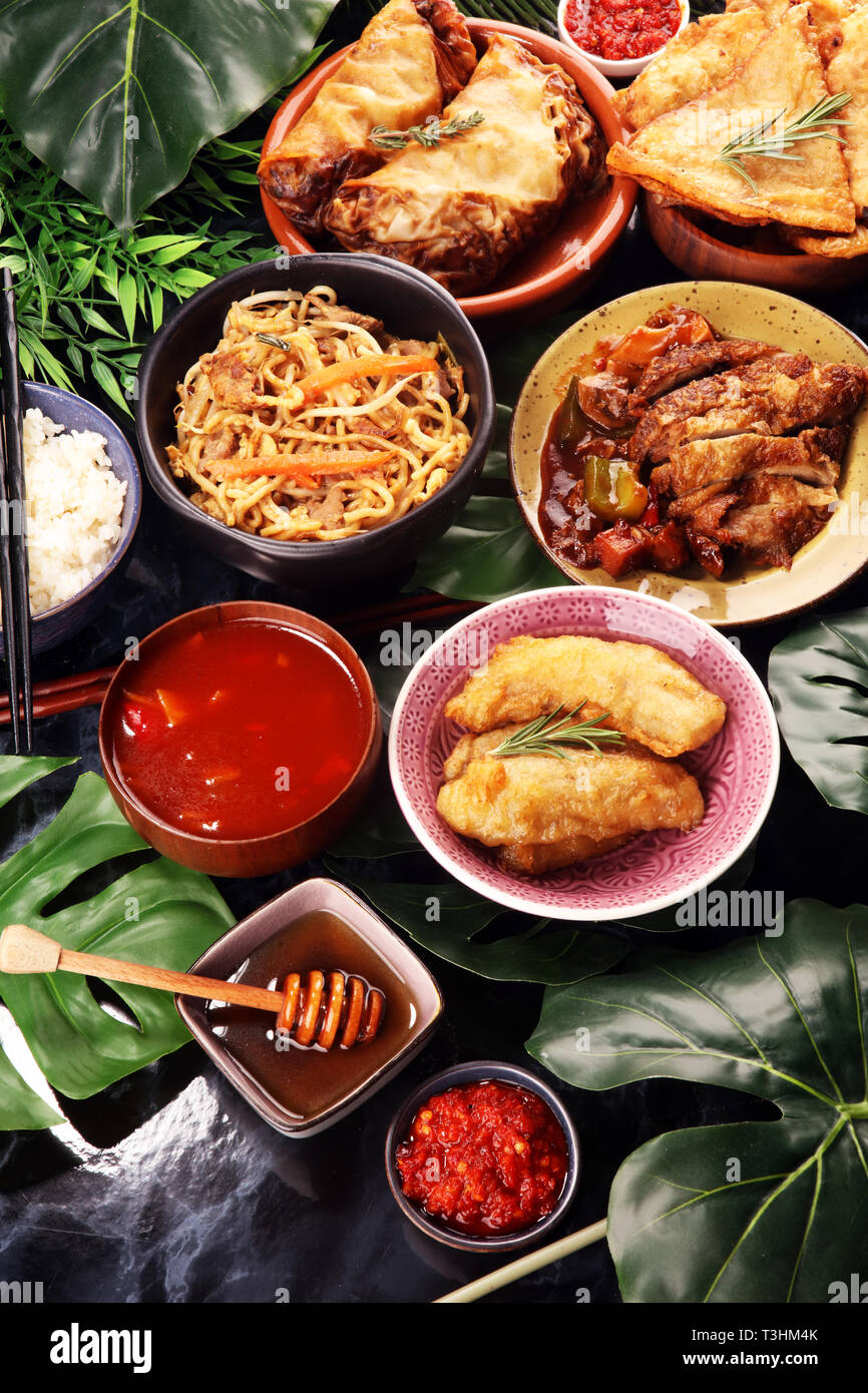 Assorted Chinese food set. Chinese noodles, fried rice, peking duck ...