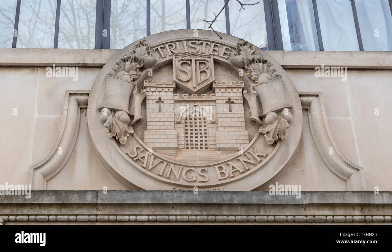 Stone shield for the Trustee Savings Bank, TSB, Exeter, UK Stock Photo ...