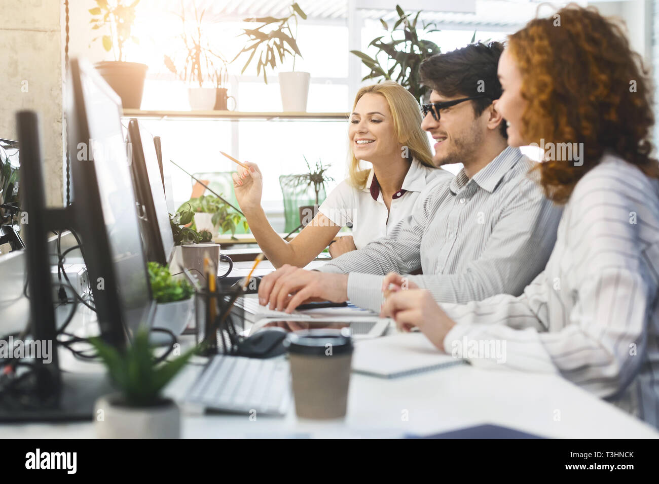 Young project team working together on computers at office Stock Photo ...