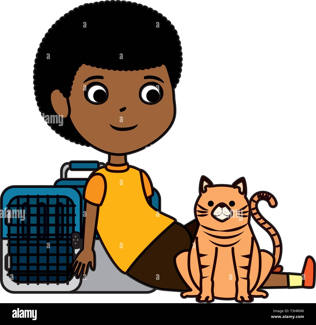 cute little black boy with kitty in transport box Stock Vector Image ...