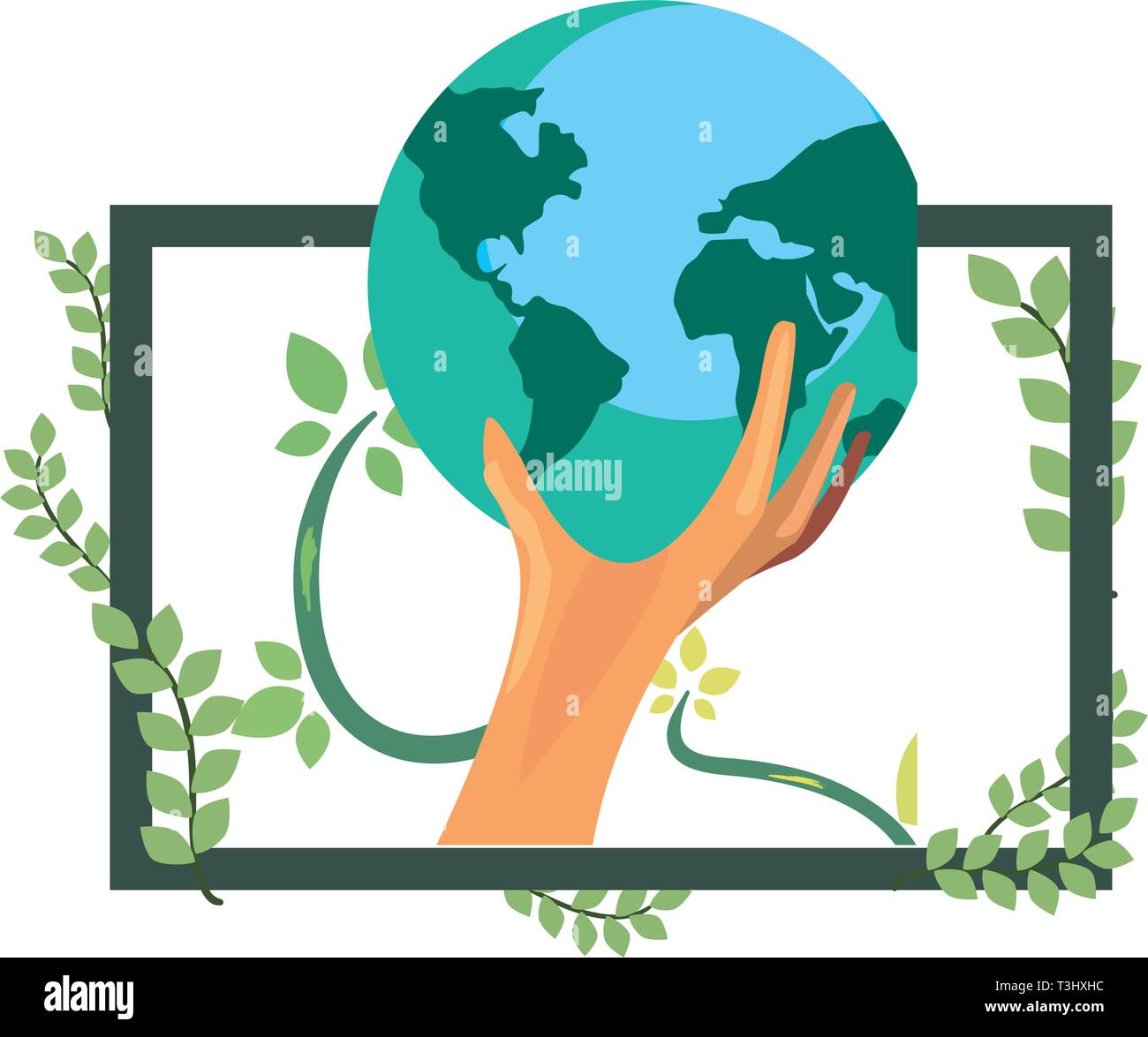 hand holding tree frame leaves earth day vector illustration Stock ...
