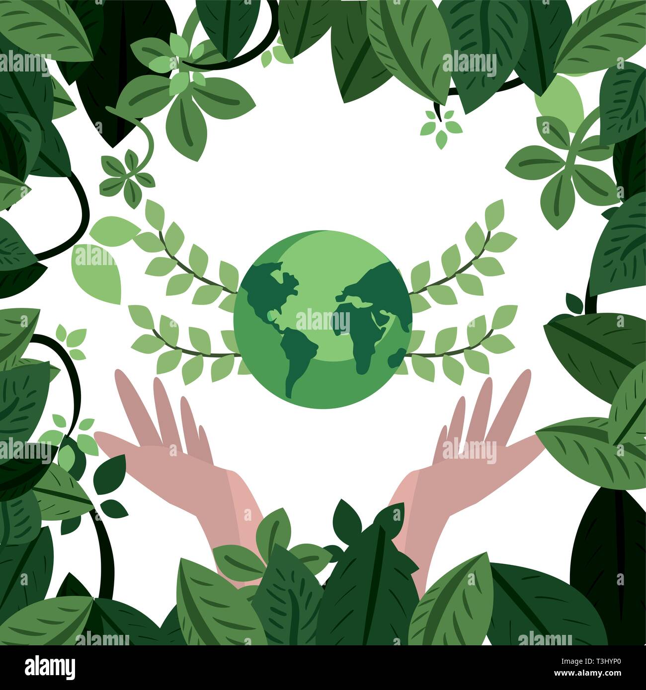 hands with world with leaves foliage earth day vector illustration ...
