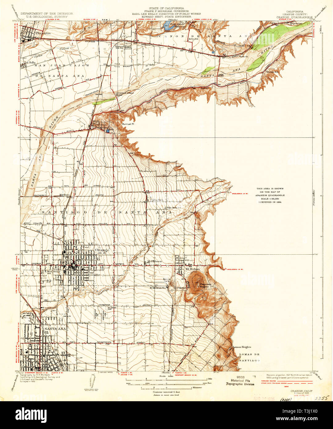 USGS TOPO Map California CA Orange 296371 1935 31680 Restoration Stock ...