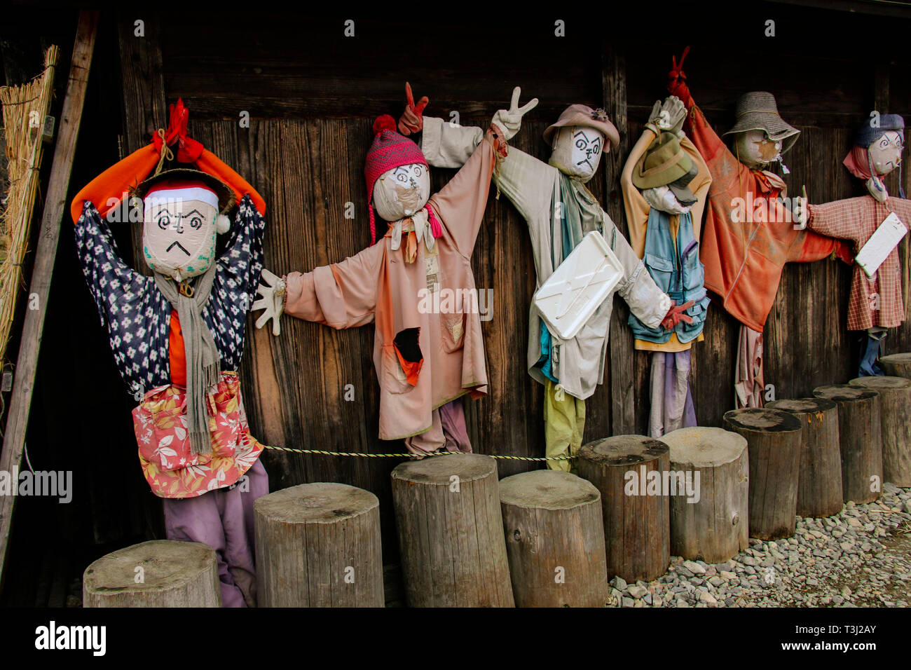 SHIRAKAWA, JAPAN- MARCH 27, 2019: Garden scarecrows adorn one of the ...