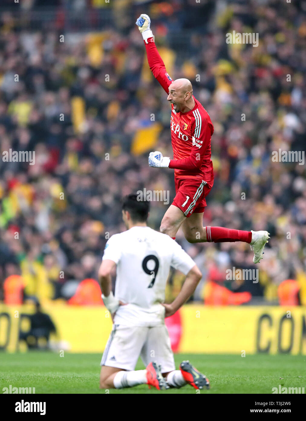 Watford goalkeeper Heurelho Gomes celebrates victory after the FA Cup ...