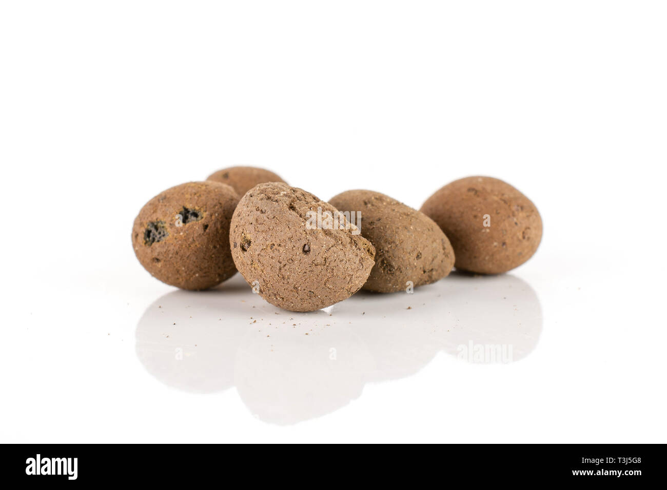 Group of five whole brown clay pebbles (leca) isolated on white ...