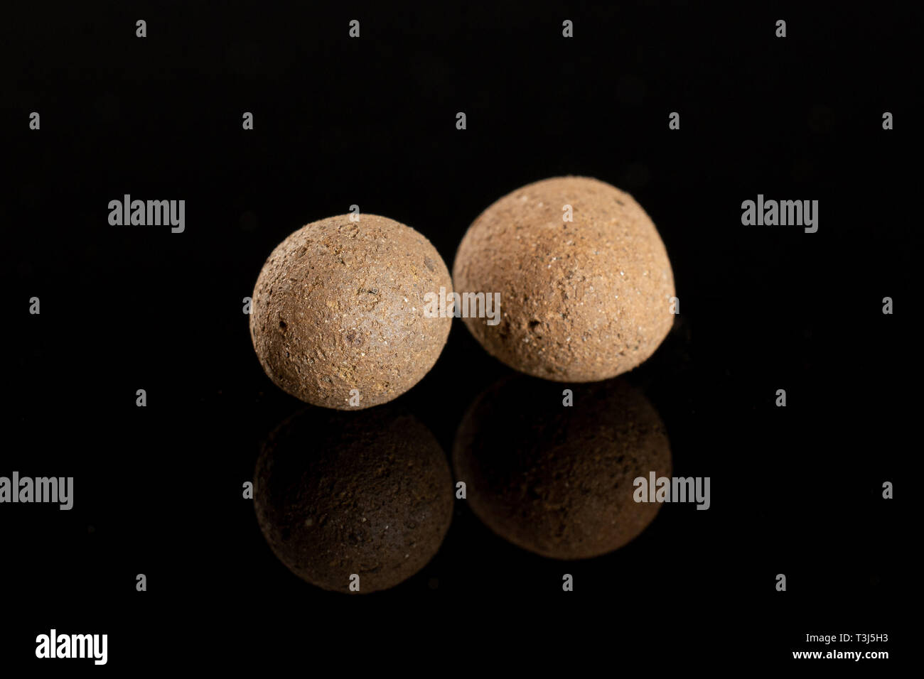 Group of two whole brown clay pebbles (leca) isolated on black glass ...