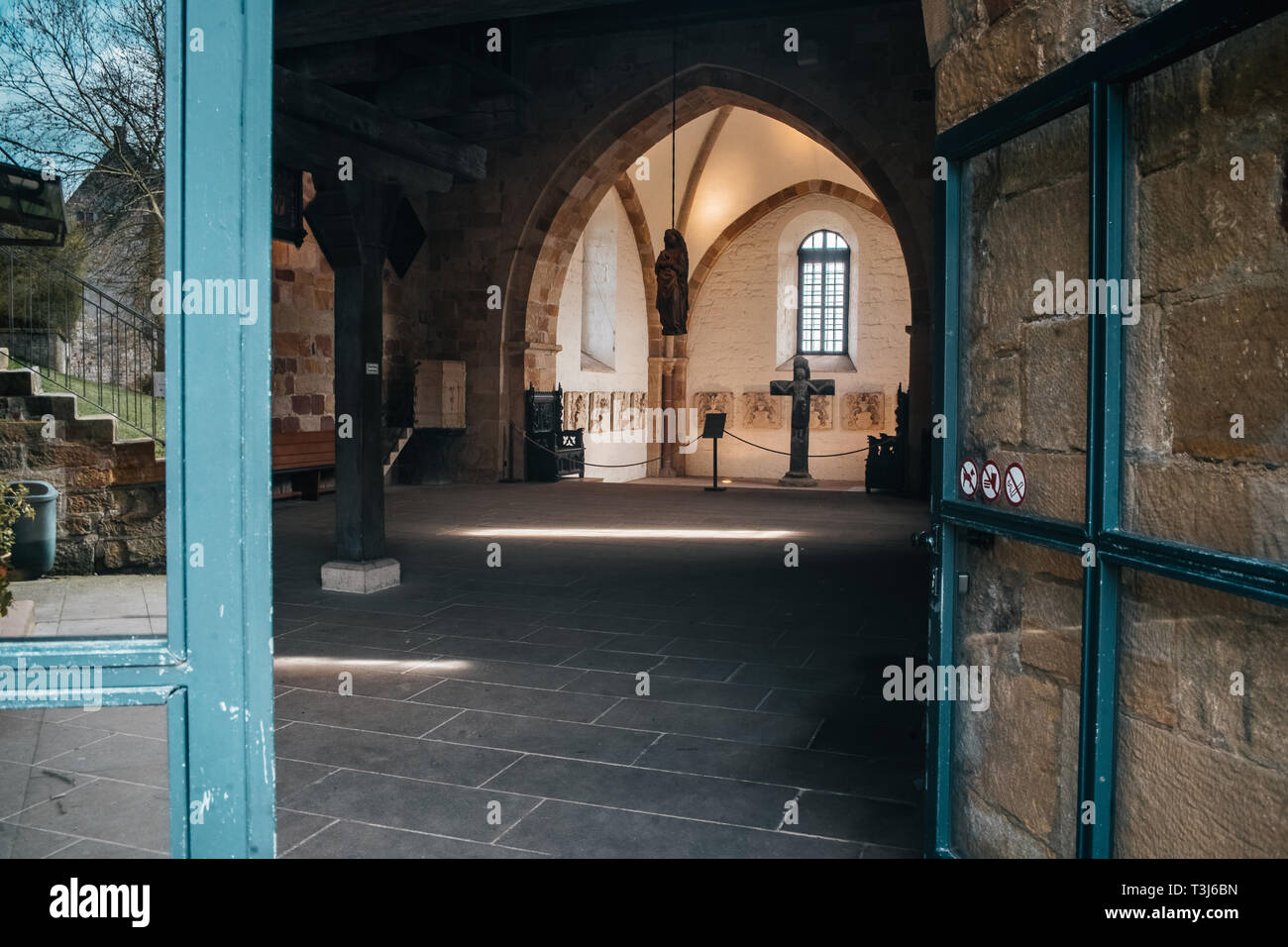 Catholic church interior with medieval walls and arch designed ...