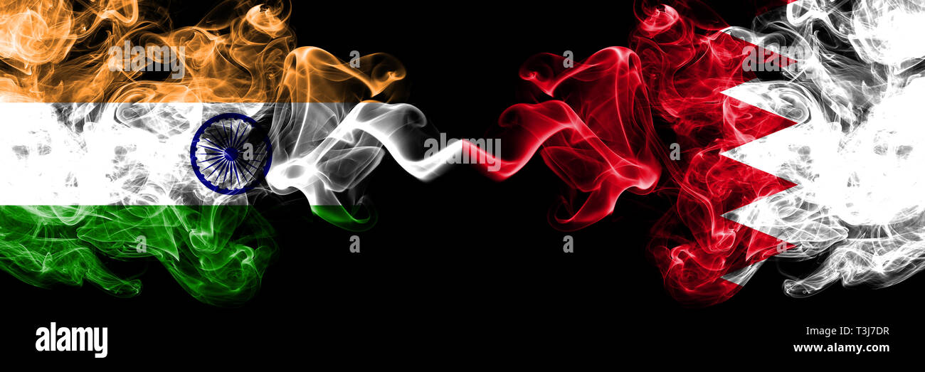 India vs Bahrain, Bahrani smoke flags placed side by side. Thick ...